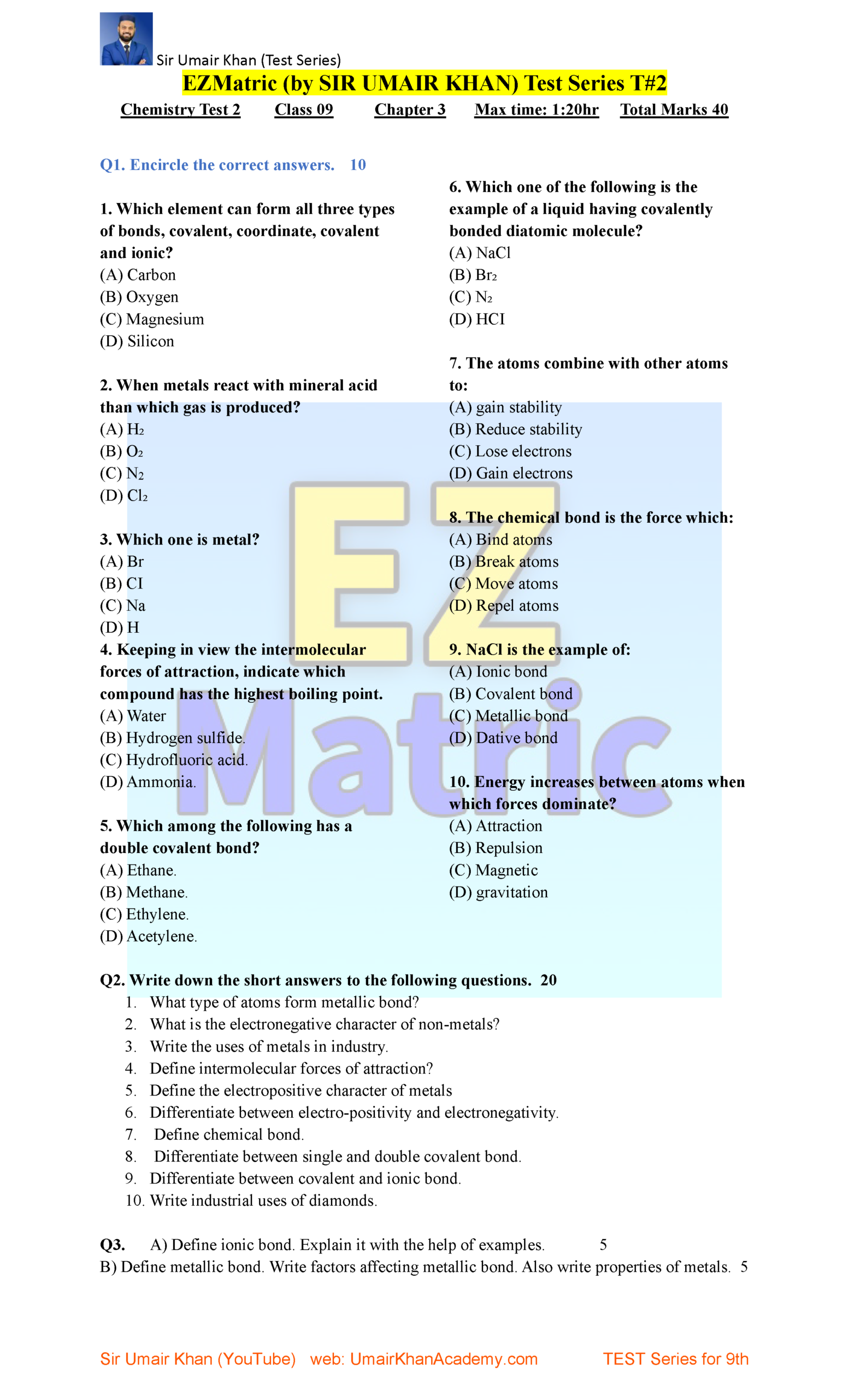 Free 9th Class Chemistry Test Series